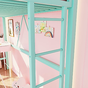 ikalido Metal Loft Bed Twin Size with Safety Guardrail and Ladder, No Box Spring Needed Space Saving Bedroom Furniture, Aqua Green