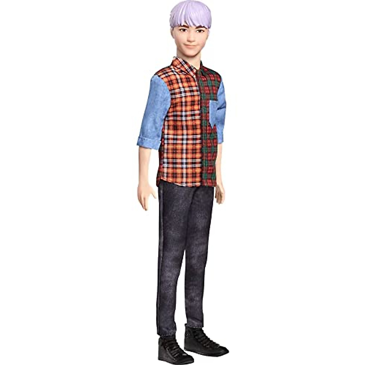 Barbie Ken Fashionistas Doll #154 with Sculpted Purple Hair Wearing a Color-Blocked Plaid Shirt, Black Denim Pants & Boots, Toy for Kids 3 to 8 Years Old