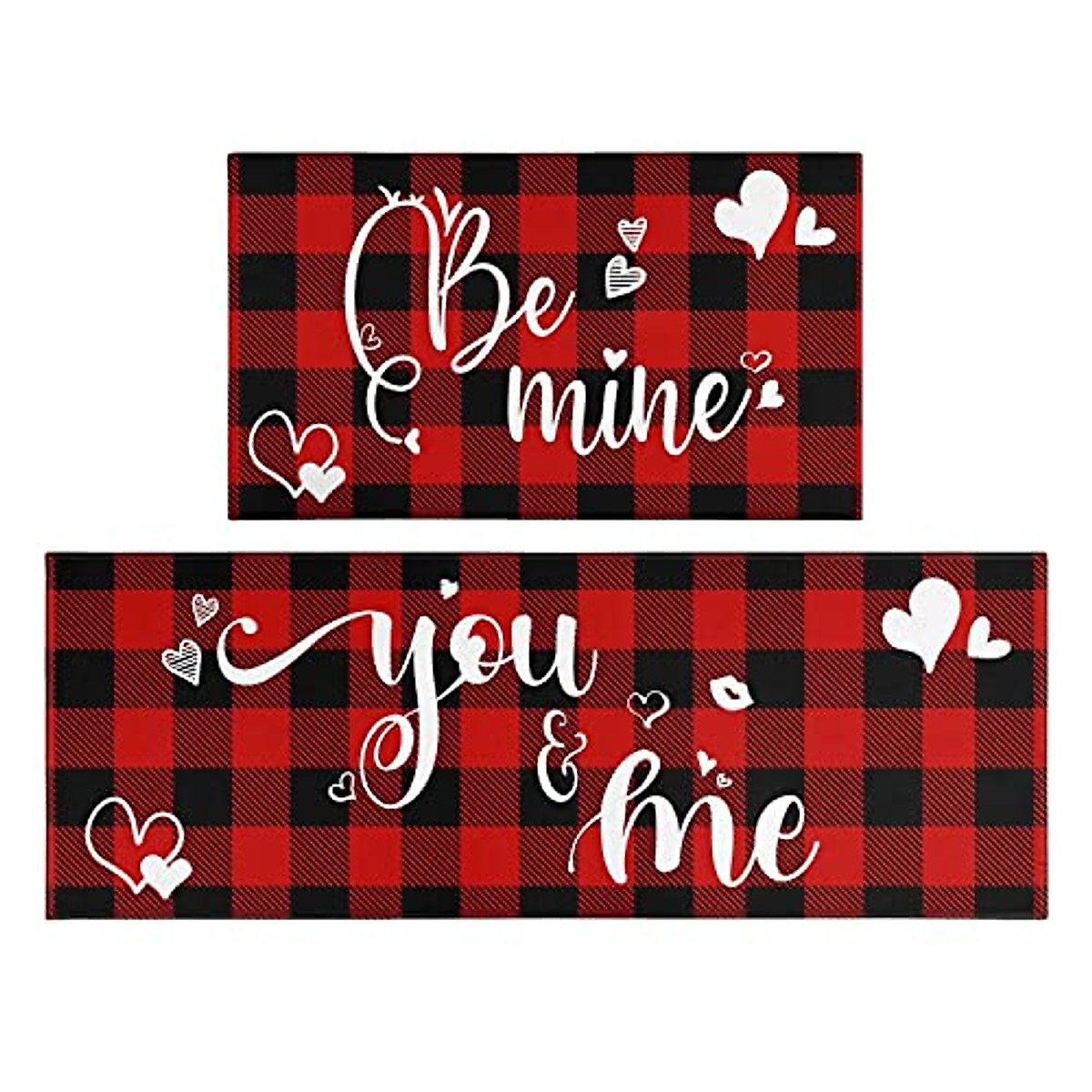 Xsinufn Valentines Day Kitchen Mat Set 2 Piece,Valentines Day Buffalo Plaid Decorative Kitchen Rugs,Valentines Hearts Low-Profile Kitchen Mats for Home Kitchen (17"x48"+17"x30" Be Mine)