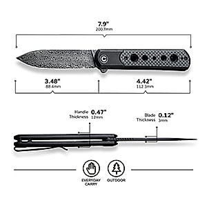 CIVIVI Banneret Folding Pocket Knife, 3.48 inch Damascus Blade Twill Carbon Fiber Inlay Handle Reversible Pocket Clip, EDC Knife for Utility Hiking Camping Fishing Work Outdoor C20040D-DS1