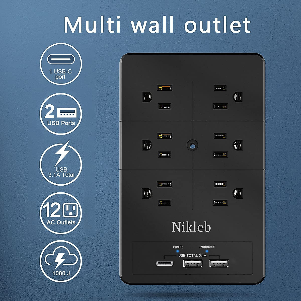 Multi Plug Outlet Extender Nikleb, Surge Protector 12 Outlets, Wall Plug with 2 USB+ USB C Ports Total 3.1A, Charger Blocks Wall Mount, Outlet Splitter Heavy Duty for Home, Office, Garage Improvement
