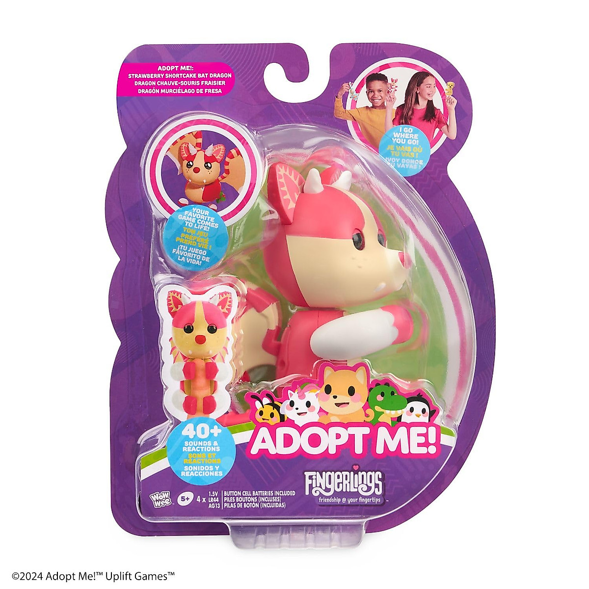 Fingerlings Adopt Me! x, Adopt Me! Strawberry Shortcake Bat Dragon, Legendary Interactive Pet with 40+ Sounds & Reactions (Ages 5+)