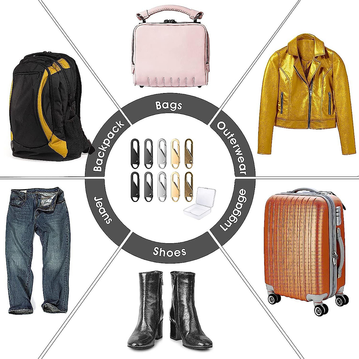 Zipper Pull Tab Kit Zipper Pull Replacement,Metal Zipper Pulls for Purses,Handbags,Luggage,Backpacks,Coats,Detachable Zipper for Sewing,with Small Storage Box(10+1 Pcs,Black,Silver,Gold,Bronze,Grey)