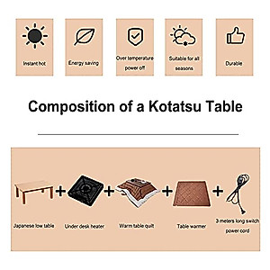 MCNUSS Kotatsu Heated Table, Japanese Folding Storage Tatami Coffee Table Thickened Furnace Winter Roasting Stove Heating Table Table+Quilt+Carpet+Heater,B