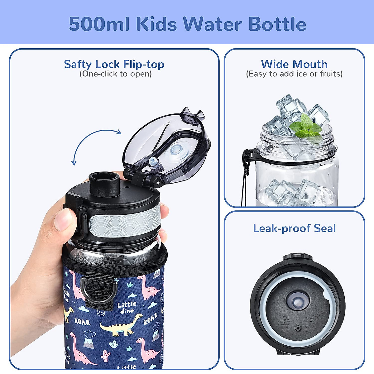 UTEBIT 16oz Kids Water Bottle, BPA Free Insulated Water Bottle with Straw, Plastic Sport Water Jug, 500ml Leakproof Dinosaur Kids Cup with Sleeve, Strap, Pouch for School Boys Girls