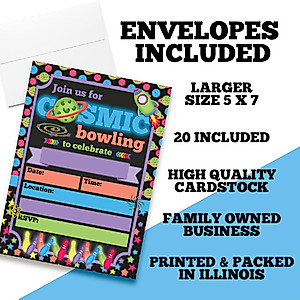 Cosmic Bowling Birthday Party Invitations for Out of This World Glow in the Dark Bowling Parties, 20 5x7 Fill In Cards with Twenty White Envelopes by AmandaCreation