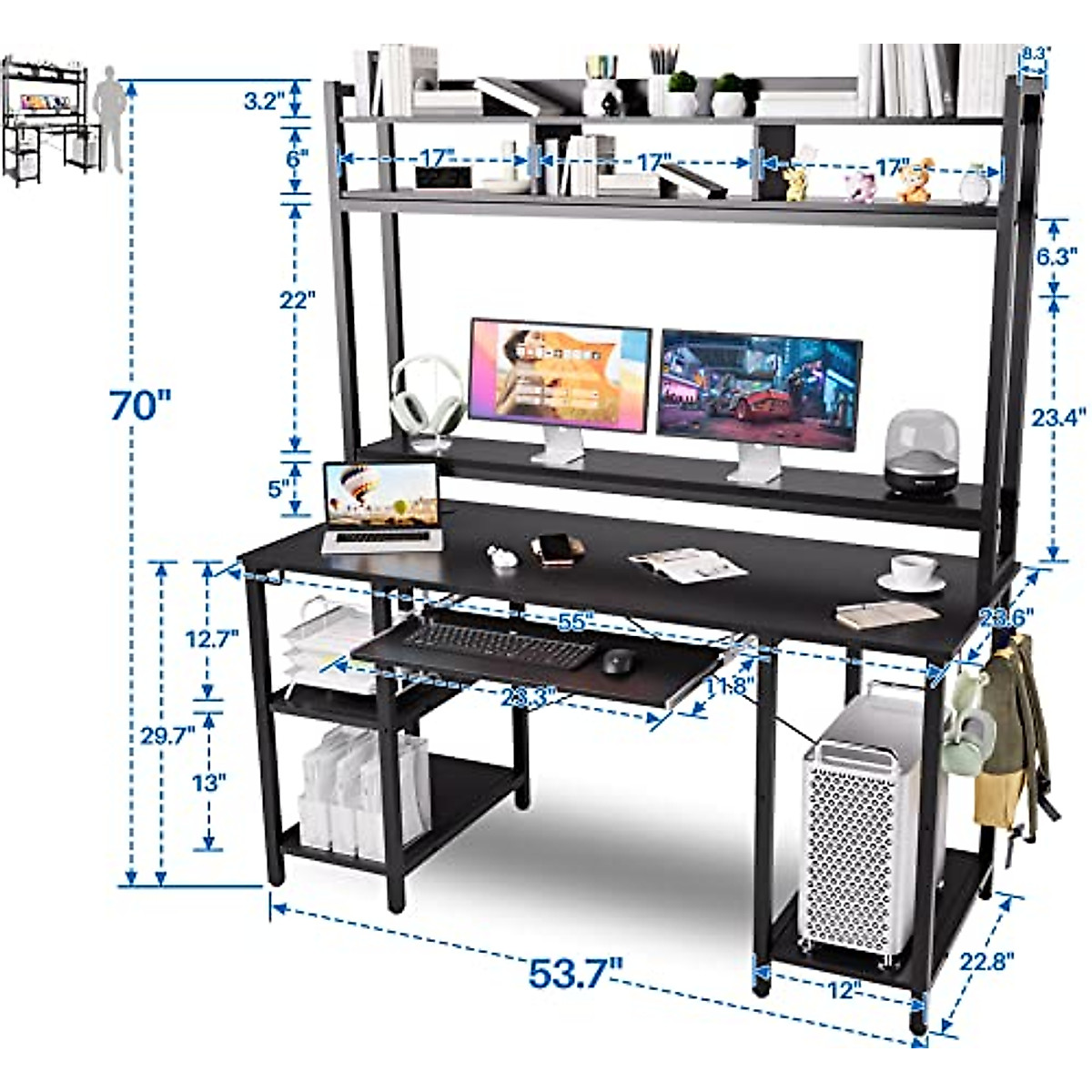 Computer Desk with Hutch Bookshelves, Storage Shelves, Keyboard Tray, Home Office Study Work Desk 53 inch Width, 70 inch High