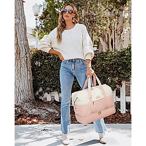 LOVEVOOK Travel Duffle Bag,Weekender Bags with Shoe Compartment,56L Carry on Overnight Bag for Women with 2 Packing Cubes, Hospital Bags for Labor and Delivery,Pink White