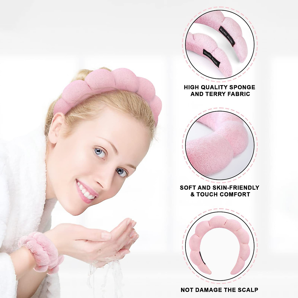 YJTIMEGS Sponge Spa Headband for Washing Face, Spa Terry Towel Cloth Fabric Head Band with 2PCS Wrist Washband, Bubble Headband Makeup Headband for Face Washing Shower Skincare Makeup Removal(Pink)