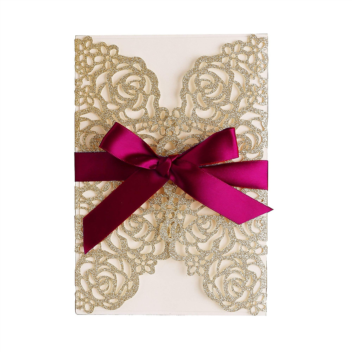 ponatia 25PCS Hollow Rose Laser Cut Wedding Invitations Cards with Envelopes, Printable Paper with Burgundy Ribbons For Wedding Bridal Shower Engagement Sweet 16 Birthday Invite (Gold Glitter)
