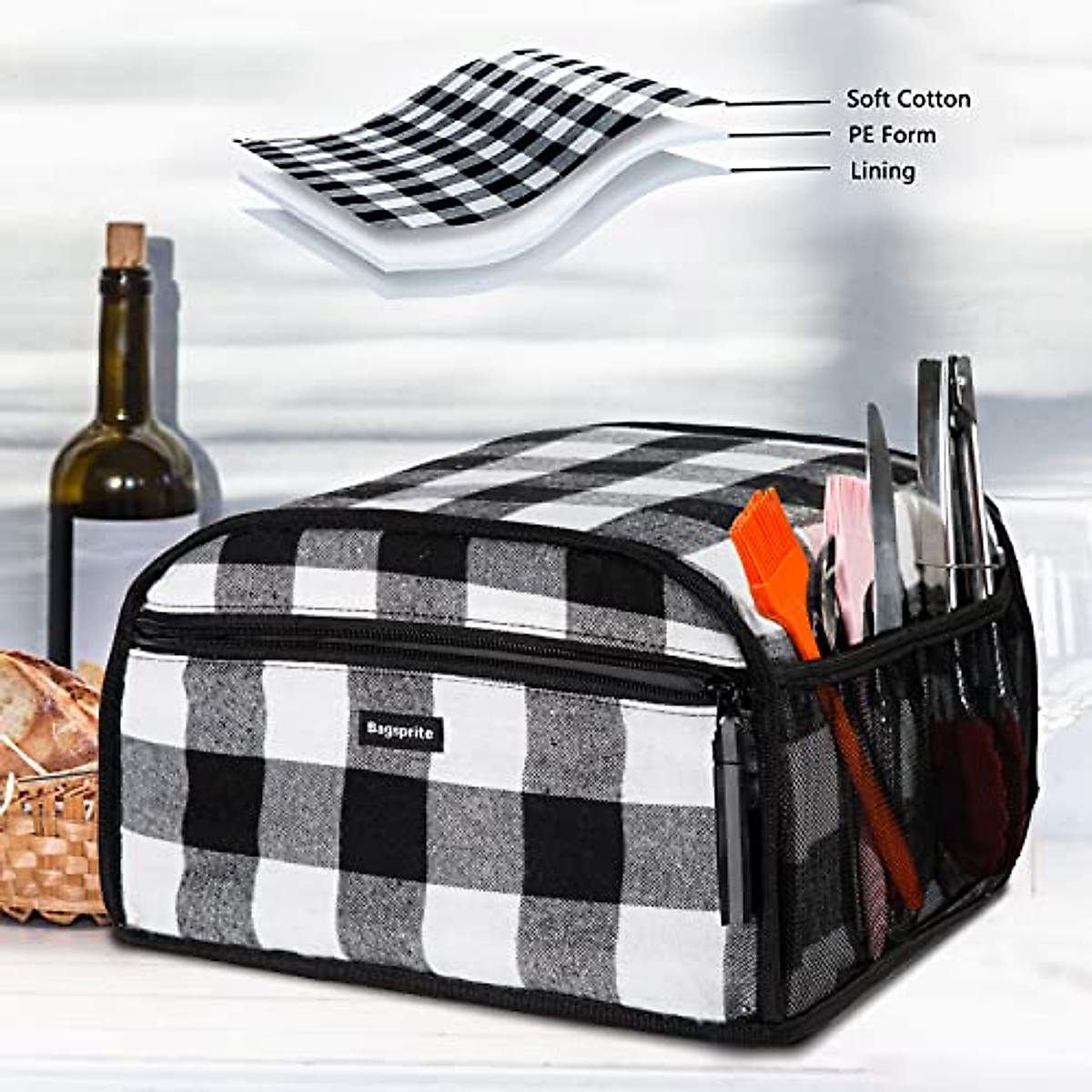 Toaster Cover 4 Slice Wide Slot, Toaster Oven Cover Compatible with Cuisinart, 4 Slice Bread Cover, Toaster Dust Covers with Zipper Pockets, Buffalo Check (Cover Only)