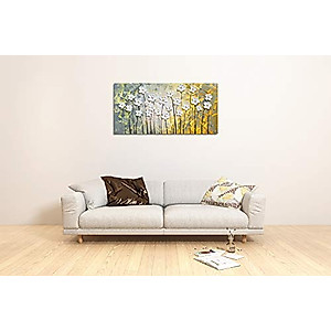 SYGALLERIER White Flower Canvas Wall Art Hand Painted Heavy Textured Paintings Yellow and White Pictures Contemporary Artwork for Living Room Bedroom Dinning Decor