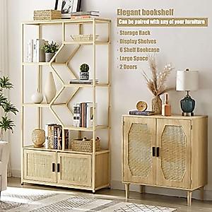 WAQINBR Rattan Book Shelf with Storage Rack, Bookcase Shelf with Doors, 6 Shelf Bookcase; Display Shelves for Living Room Home Office, Featured Natural Large Space Book Case
