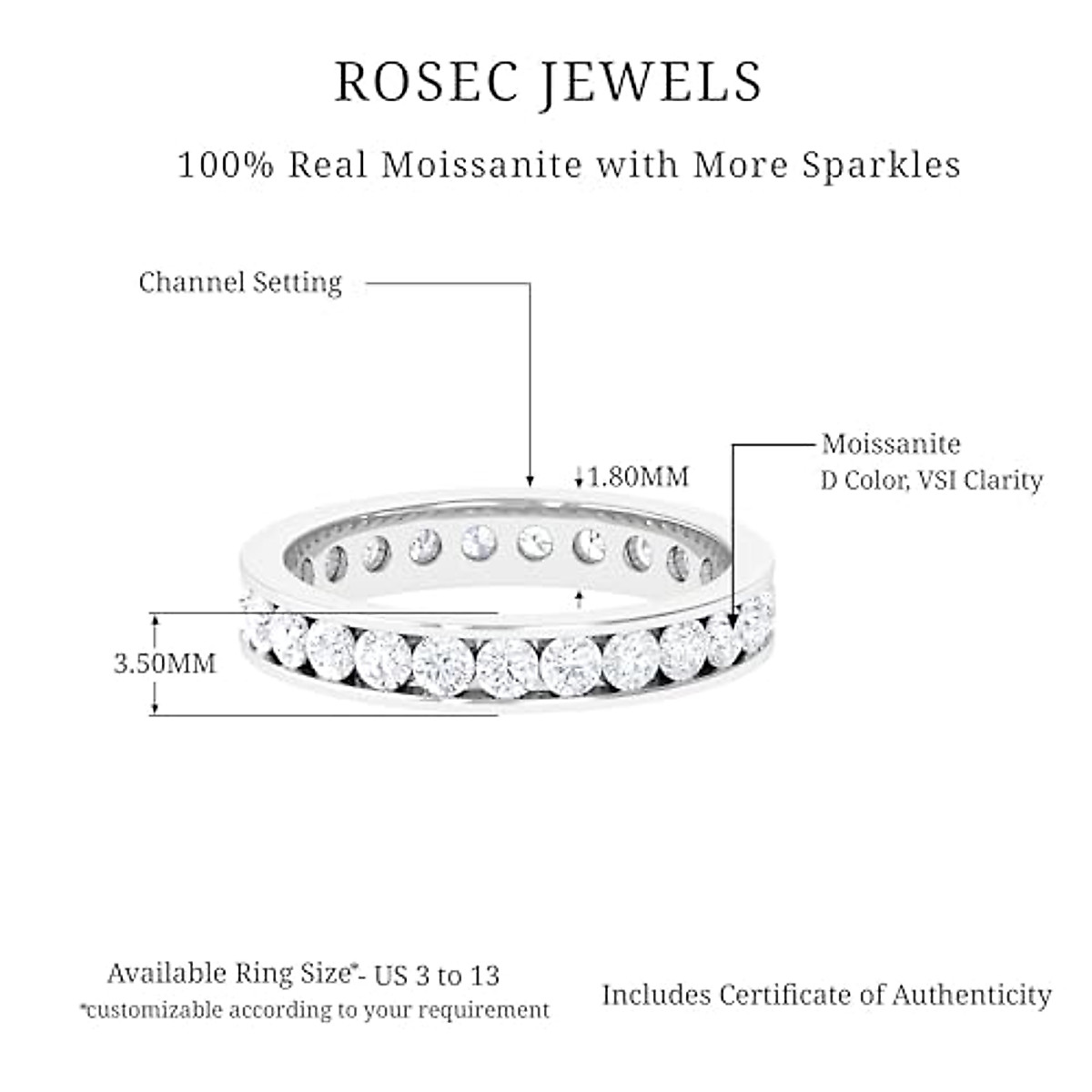 Rosec Jewels Certified Moissanite Full Eternity Ring for Women, 2.25 CT, D-VS1 Quality, Diamond Moissanite Wedding Band, 14K White Gold, Size:US 8.50