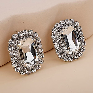 Denifery Square Crystal Earrings Rhinestone Stud Earrings Sparkling Crystal Stud Dangle Drop Earrings for Women Bling Stud Earrings for Prom Wedding (Silver)