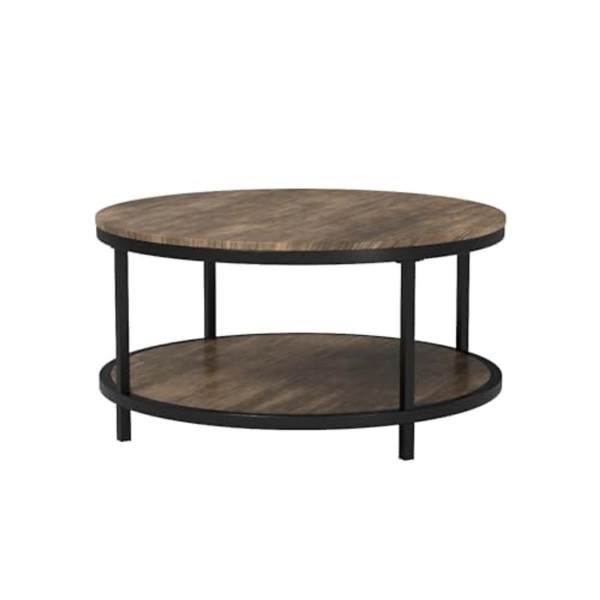 WiberWi Round Coffee Table 35.8" Rustic Vintage Industrial Design Furniture Sturdy Metal Frame Legs Sofa Table Cocktail Table with Storage Open Shelf for Living Room, Easy Assembly, Gray Brown1