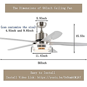 Tropwellhouse 56Inch Led Ceiling Fan with Light 3 Speed Remote Control 5 ABS Blades Modern Decoration Home/Living Room/Bedroom