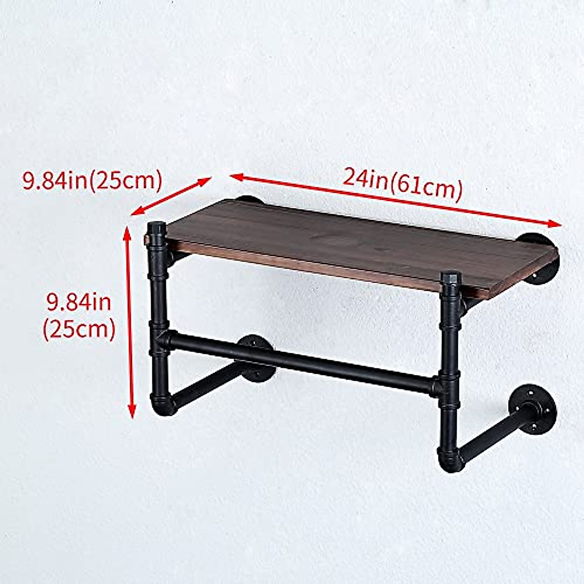 HAOVON Industrial Pipe Clothing Rack Wall Mounted Wood Shelf,Pipe Shelving Floating Shelves,Retail Garment Rack Display Rack Clothes Racks(1 Tier,24in)