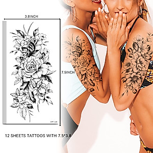 EMOME 12 Sheets Half Arm Flowers Temporary Tattoos for Women,Fake Tattoos That Look Real and Last Long, Large Body Marker Tattoos and Hand Tattoo Stickers for Adults Girls Neck Arm