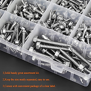 HELIFOUNER 320 Pieces #8#10#14 Hex Washer Head Self Drilling Sheet Metal Screws Assortment Kit, 410 Stainless Steel