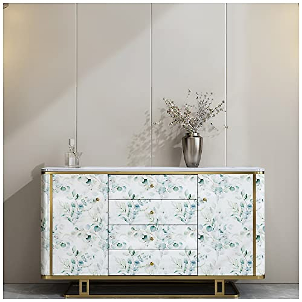 Floralplus Peel and Stick Wallpaper Boho Eucalyptus Leaf Wallpaper Removable Wallpaper Peel and Stick Floral Stick On Wallpaper for Bedroom Home Decor 17.7x118in