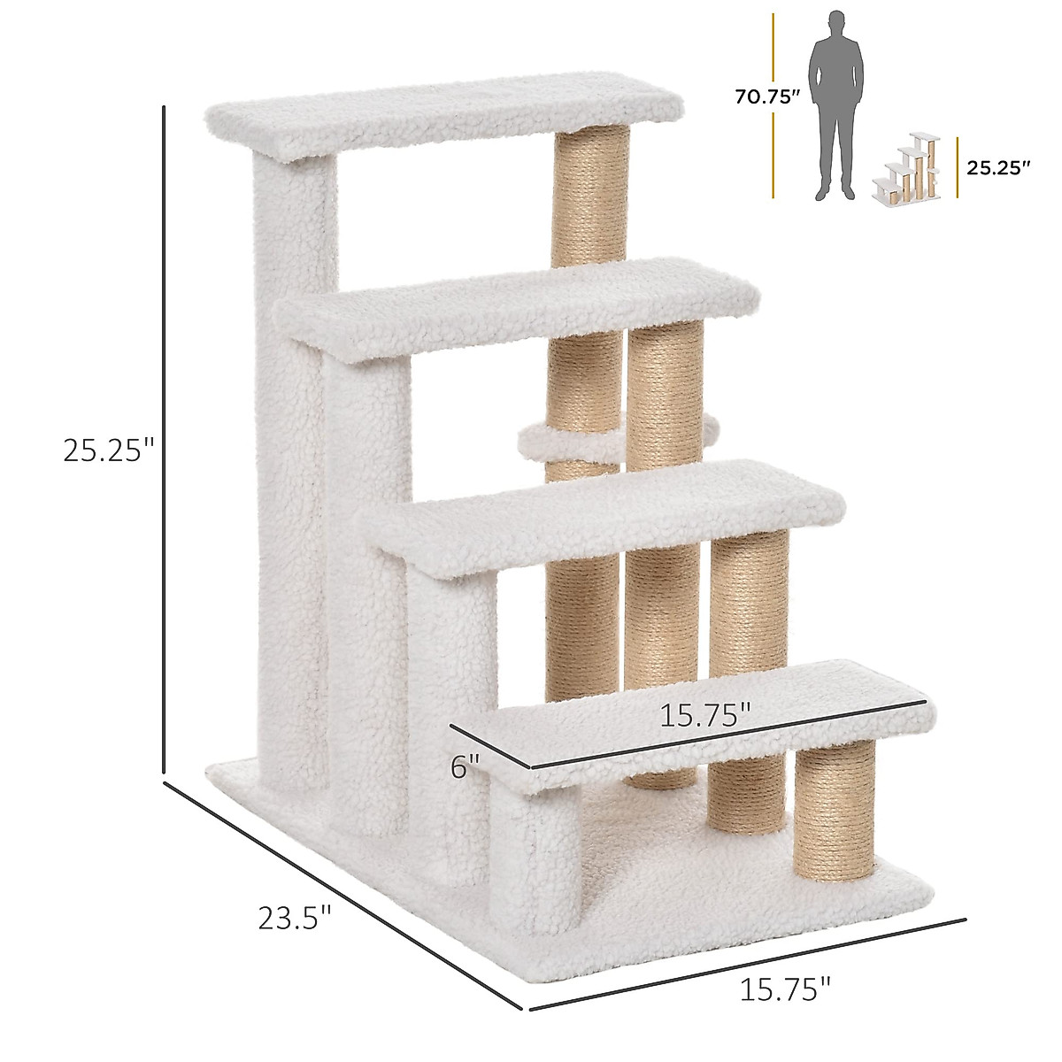 PawHut 4 Levels Cat Steps, Pet Stairs Carpeted Ladder, Kitten Tree Climber with Scratching Posts, Hanging Play Ball, Side Step, for High Bed, Sofa, White