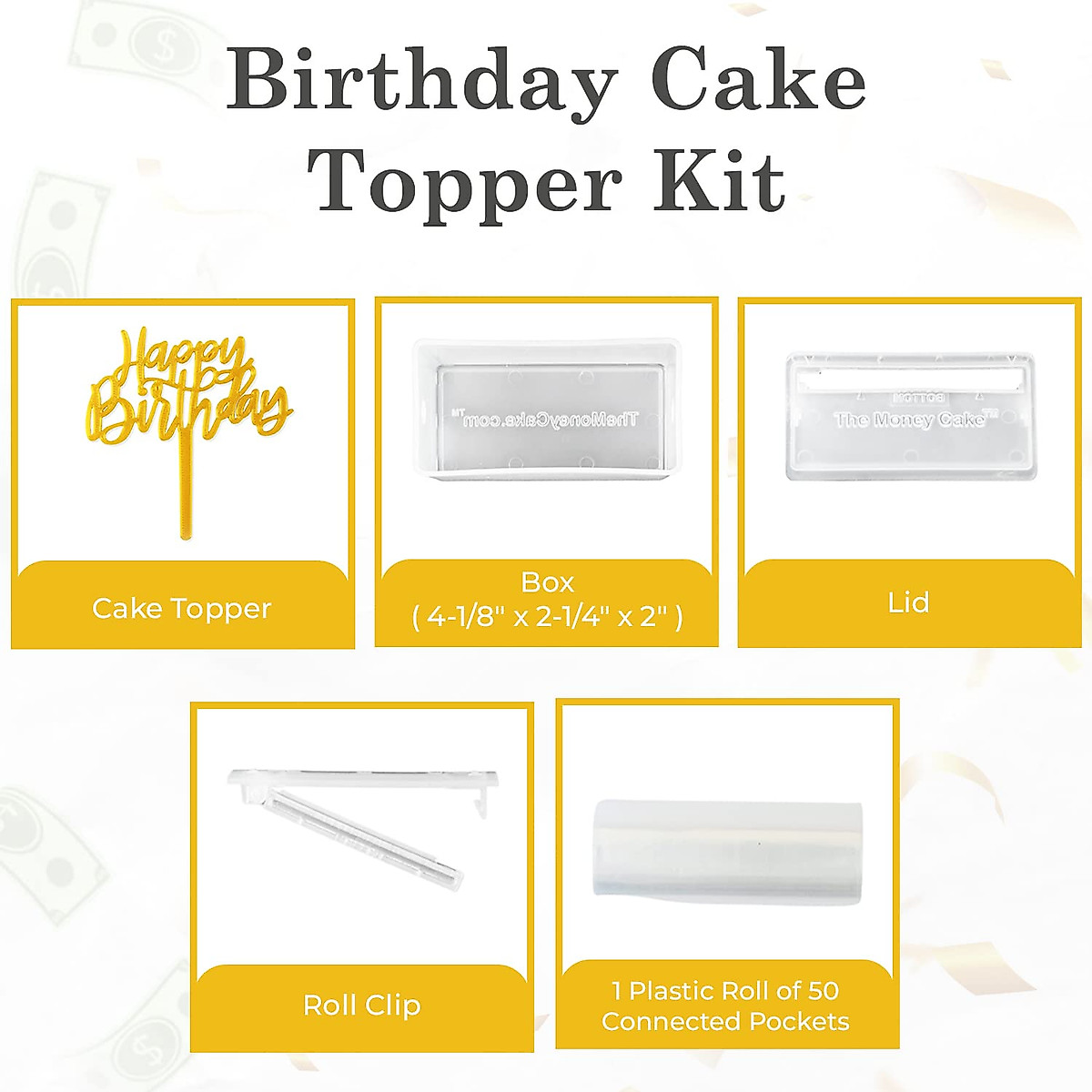 The Money Cake - Money Cake Pull Out Kit Includes 1 Money Box 1 Plastic Roll 50 Transparent Bag Connected Pocket, and Happy Birthday Cake Topper for Birthday Parties