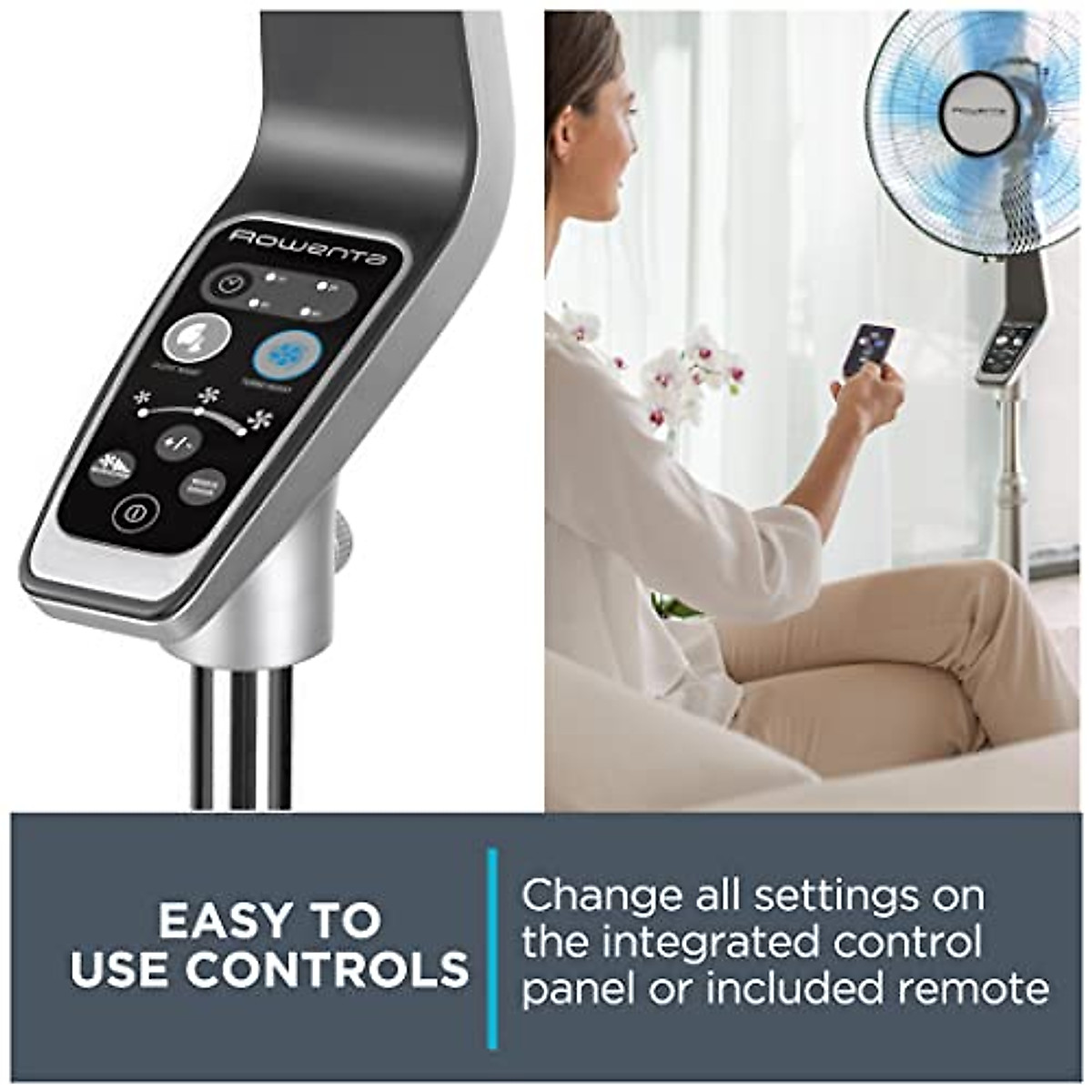 Rowenta Turbo Silence Standing Floor Fan with Remote 53 Inches Ultra Quiet Fan Oscillating, Portable, 5 Speeds, Indoor, Refresh Up to 23-Feet VU5670,Silver