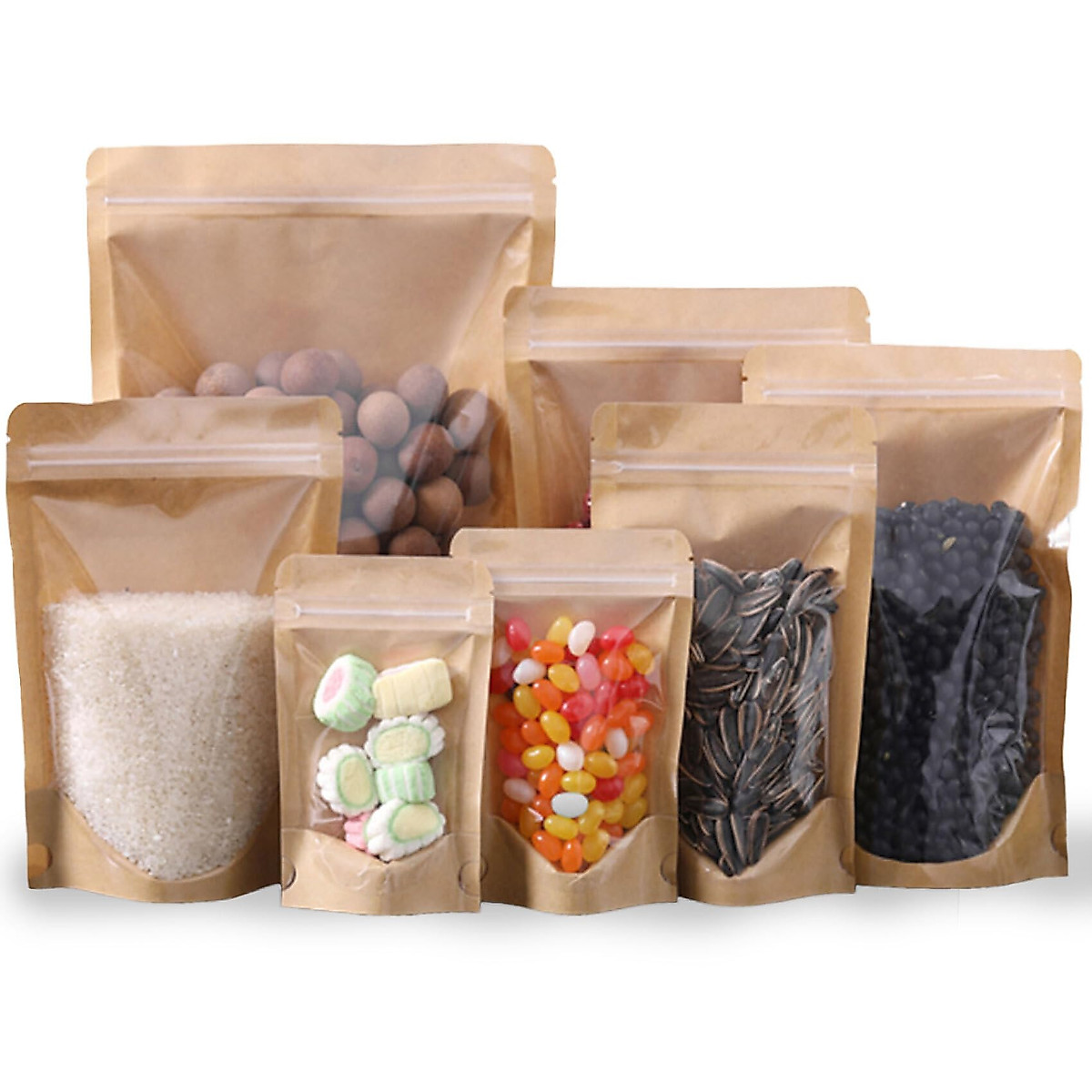 HIBCIGA 50pcs Kraft Bags With Window Clear Fornt Pouches Resealable Stand Up Zip Lock Food Storage Bags Brown 4.7"x7.8"