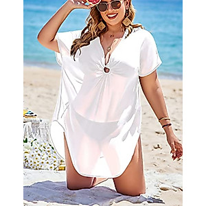 IN'VOLAND Plus Size Swimsuit Cover Ups for Women Short Sleeve Coverup Bikini Cardigan Chiffon Kimono Sheer Beach White Coverup