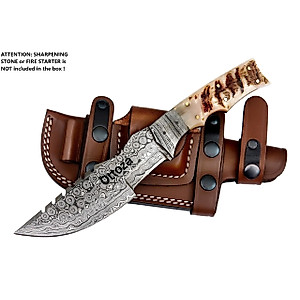 Ottoza Tracker Knife & Ram Horn Handle - Damascus Hunting Knife - Horizontal Carry Knife Sheath 262
