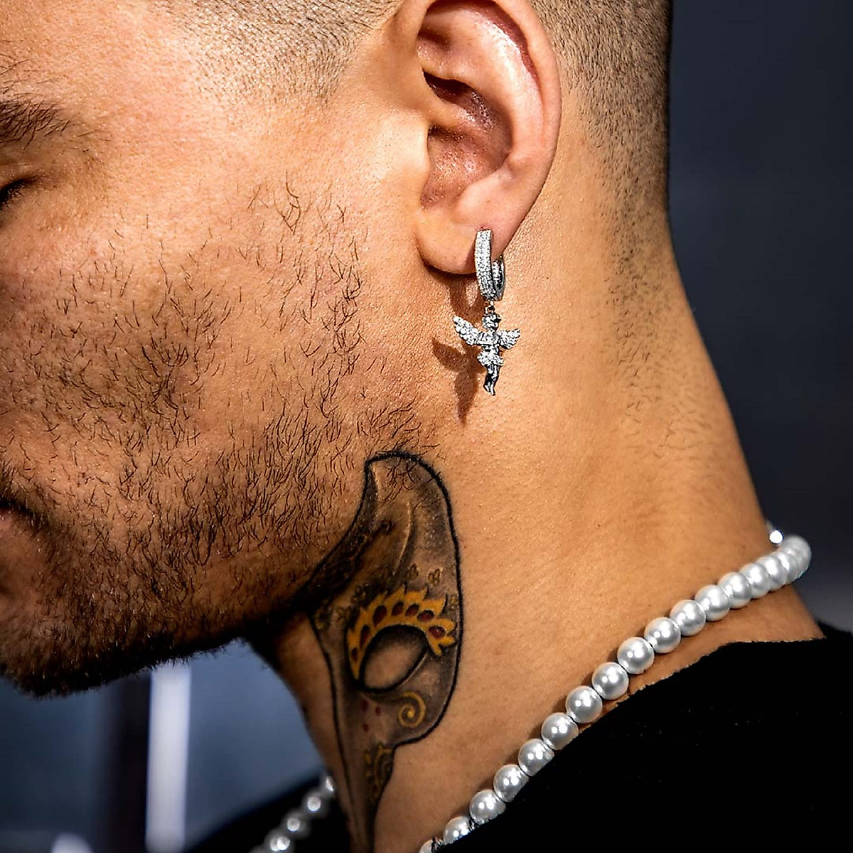 HELLOICE Praying Angel Wing Earrings Iced Out Dangle Drop Earrings 18K White Gold Plated 5A CZ Stone Dangling earrings Lightweight Religious Earrings for Women & Men