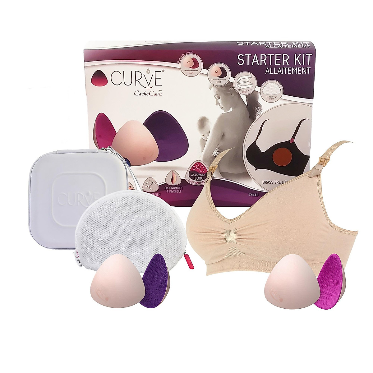 Breastfeeding Essentials for Nursing Moms: Bamboo Viscose Maternity and Nursing Bra, 2 Day Nursing Pads, 2 Night Nursing Pads (US, Alpha, X-Large, Regular, Regular, Nude)