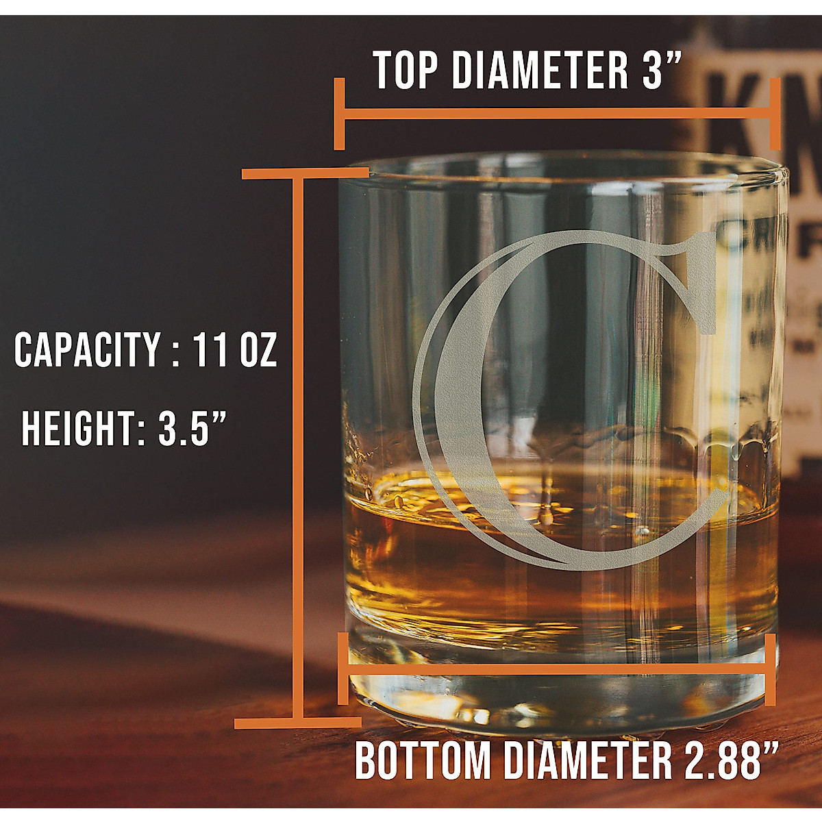 Etched Monogram 11oz Whiskey Rocks Glass (Letter C), A-Z Customized Bourbon Gifts for Men, Personalized Old Fashioned Scotch Glass, Custom Engraved Gifts for Him, Initial, Name, Regalos Personalizados