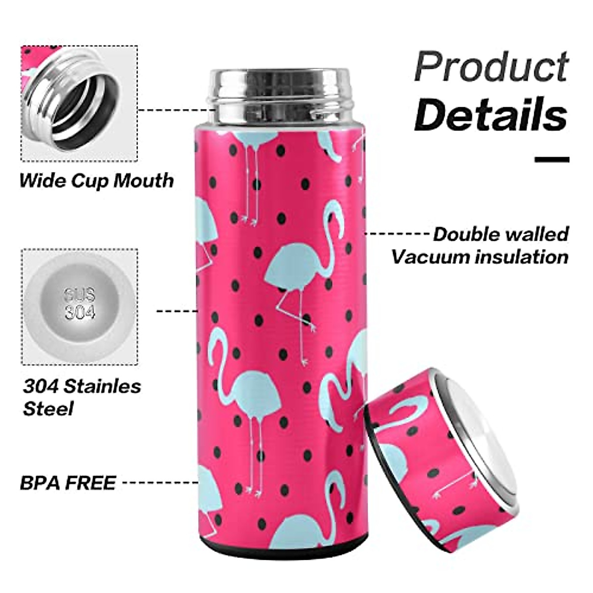 CaTaKu Black Dots Flamingo Water Bottle Insulated 16 oz Stainless Steel Flask Thermos Bottle for Coffee Water Drink Reusable Wide Mouth Vacuum Travel Mug