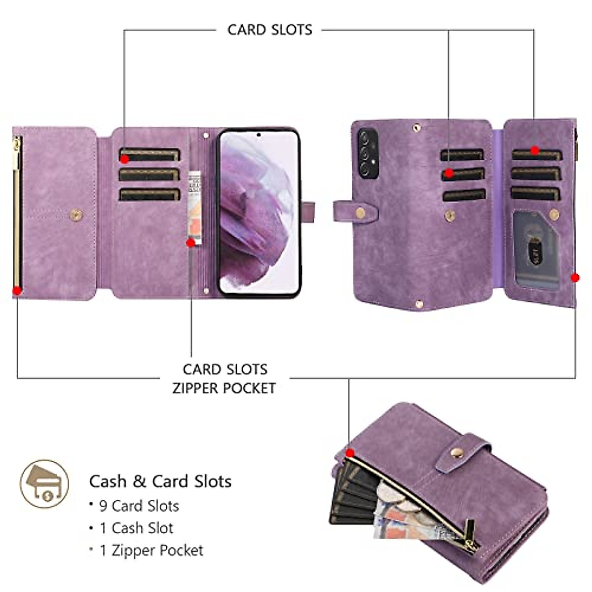 UEEBAI Crossbody Wallet Case for Samsung Galaxy A53 5G, 9 Card Slots Adjustable Crossbody Zipper Cover Detachable Lanyard Strap Flip Case with Hand Strap Kickstand Case - Purple
