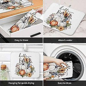 Hello Fall Dish Drying Mat for Kitchen Counter, Thanksgiving Grey Orange Pumpkins Baby Bottle Microfiber Drying Pad, Autumn Sunflower Botanical Absorbent Coffee Cup Dishes Drainer Mats 18"x24", 1 Pcs