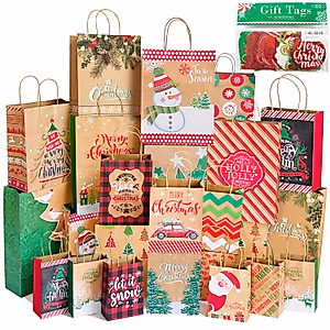 Party Funny 24 Kraft Christmas Gift Paper Bags Bulk with handles and 60 Count Christmas Gift Tags-Assorted sizes set for Wrapping Xmas Holiday Presents(6 Jumbo,6 Large,6 Medium,6 Small)