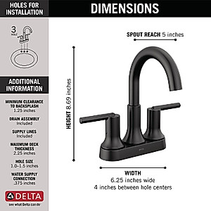 Delta Faucet Trinsic Matte Black Bathroom Faucet, Bathroom Sink Faucet, Centerset, Diamond Seal Technology, Metal Drain Assembly, Matte Black 2559-BLMPU-DST