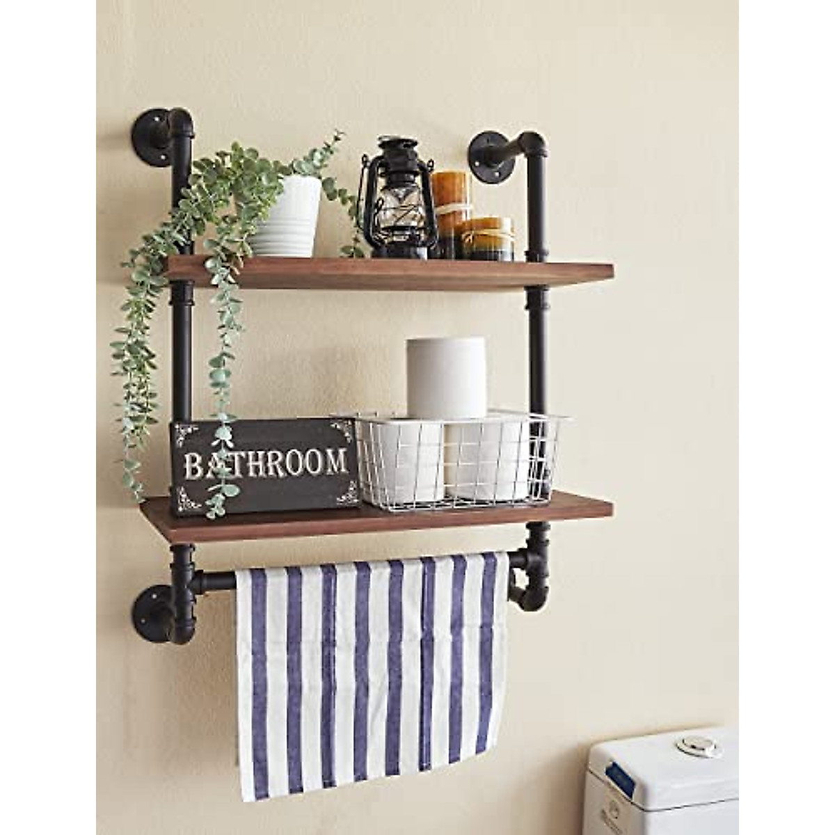 MEYRUOXI Pipe Shelves Industrial Pipe Shelving Industrial Bathroom Shelves with Towel bar,24 in Rustic Metal Pipe Floating Shelves Pipe Wall Shelf,2 Tier Industrial Shelf Wall Mounted with Hook
