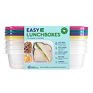 EasyLunchboxes® - Bento Lunch Boxes - Reusable 3-Compartment Food Containers for School, Work, and Travel, Set of 4 (Brights)