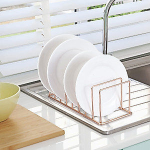 MyGift Modern Copper Tone Metal Wire Kitchen Dish Drying Rack - Dishes Storage Organizer for Flat Dinner Plates, Cutting Boards, Serving Trays