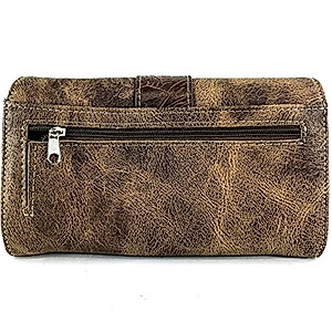 Justin West Tooled Laser Cut Leather Floral Embroidery Rhinestone Buckle Studded Shoulder Concealed Carry Tote Style Handbag Purse (Brown Brown Wallet)