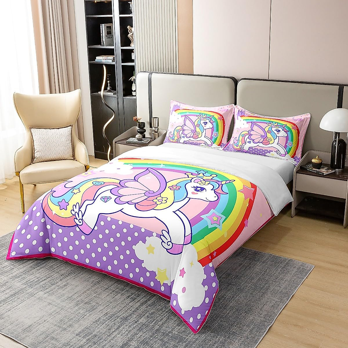 Erosebridal 100% Organic Unicorn Cotton Duvet Cover Twin Size, Rainbow Cloud Comforter Cover, Animals Castle Bed Set for Girls, Purple Yellow Pink Dot Kid Girls Cartoon Quilt Cover