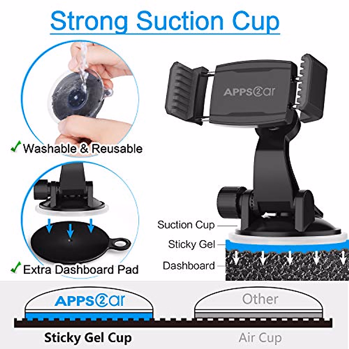 APPS2Car Suction Cup Phone Holder for Car with Adjustable Arm, Low Profile Dashboard Phone Mount Compact Windshield Window Dash Mobile Stand Compatible w/All iPhone and Android Cell Phones