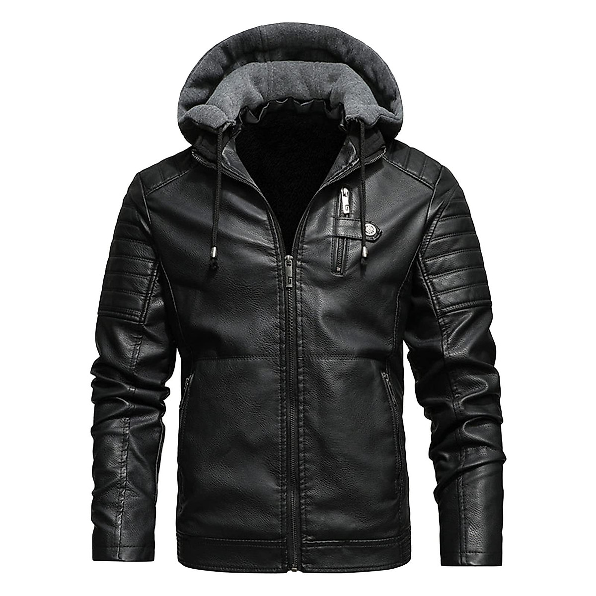 Maiyifu-GJ Men Stand Collar Leather Jacket Fleece Lined Faux Leather Motorcycle Jackets Zip Up Biker Coat with Removable Hood (Black,4X-Large)