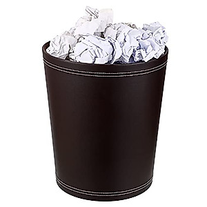 JUXYES Round PU Leather Trash Can Small Wastebasket, 2.6 Gallon / 10 Liters Garbage Container Bin Classic Waste Bin Garbage Storage Trash Can for Kitchen Office Bathroom Bedroom