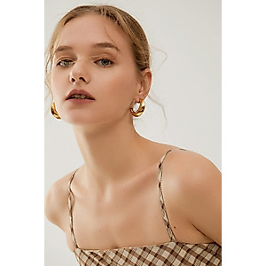 POVIK Chunky Gold Hoop Earrings for Women, 18K Real Gold Plated Open Half Thick Hoop Statement Stainless Steel Earrings