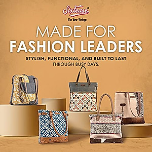 Tote Bags for Women by Sixtease - Large Tote Bag with Zipper Top - Genuine Leather Strap, Upcycled Canvas, Rug, Hair On and Hardware Accents - Vintage Style Hand Stitched - Fossil