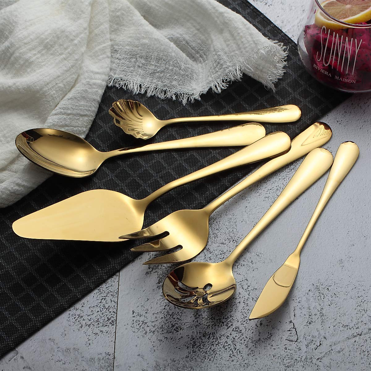 Berglander Stainless Steel Golden Titanium Plated Flatware Serving Set 6 Pieces, 5 Serving Pieces of 45 Pieces Flatware with 1 Cake Server, Golden Serving Silverware Set (Shiny Golden)